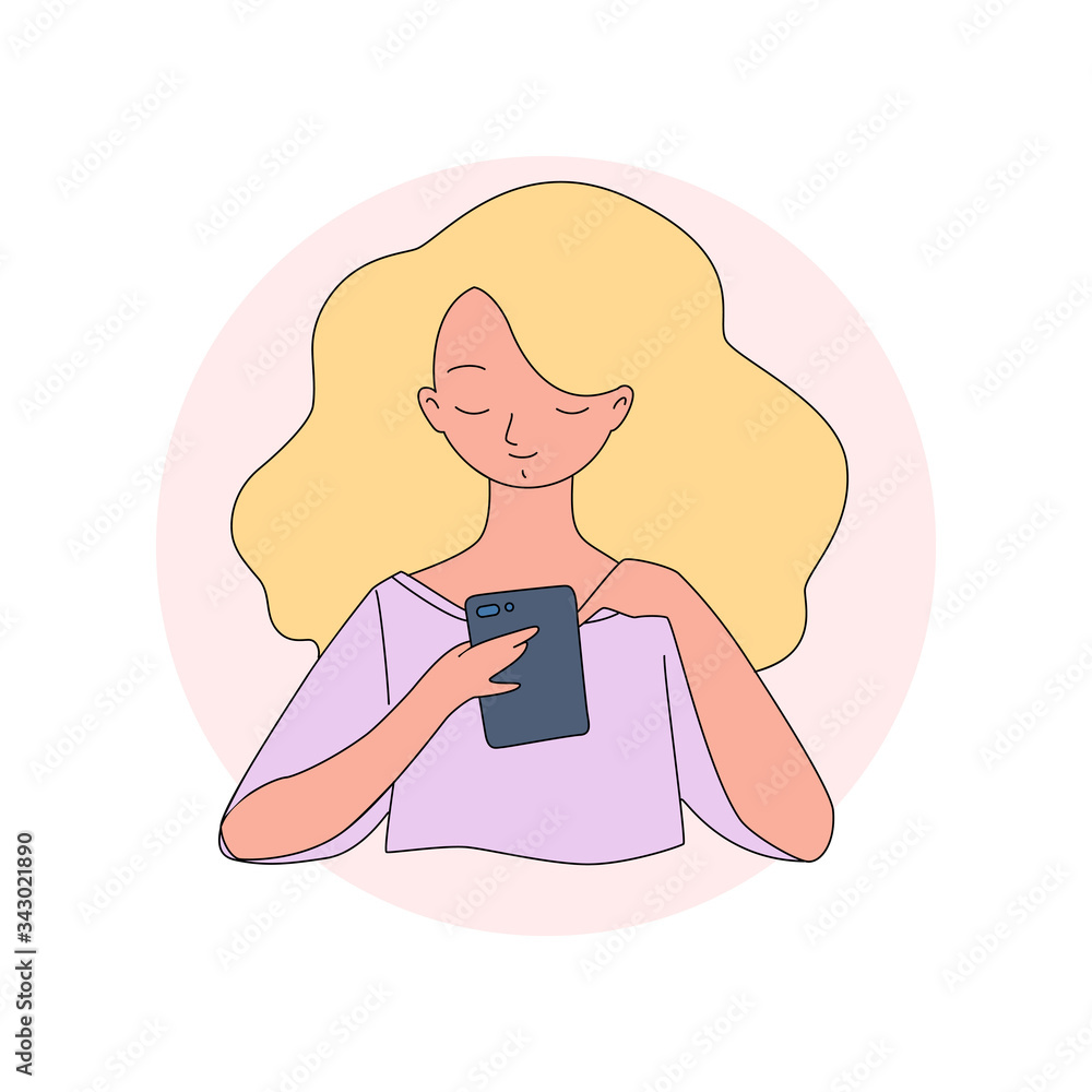 Girl with a phone. Illustration of a young girl looking at a mobile ...