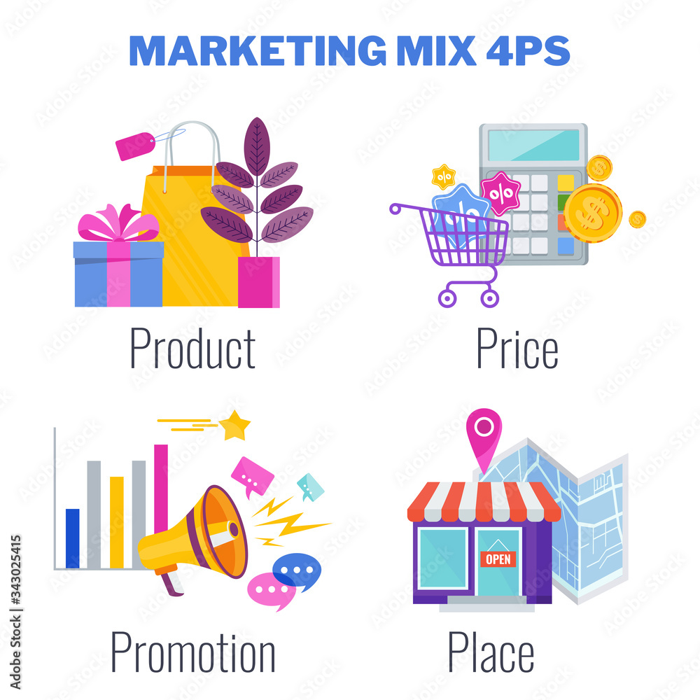 Four 4 PS marketing mix infographic flat vector illustration scheme ...