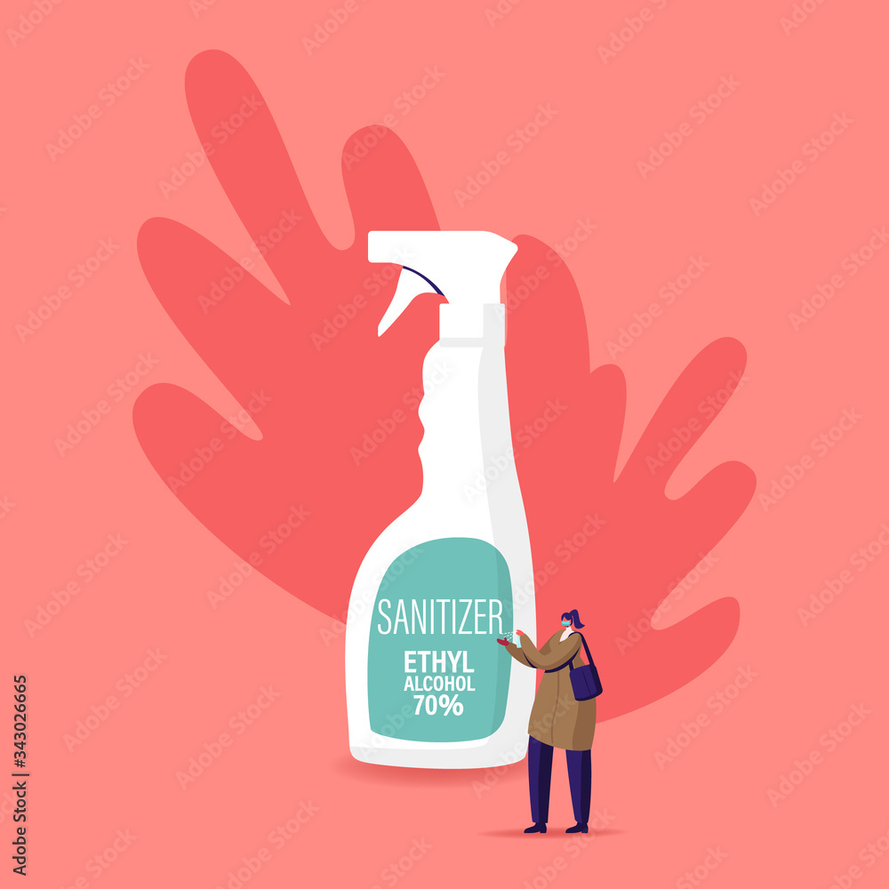 Female Character in Mask Stand at Huge Bottle with Alcohol Sanitizer ...