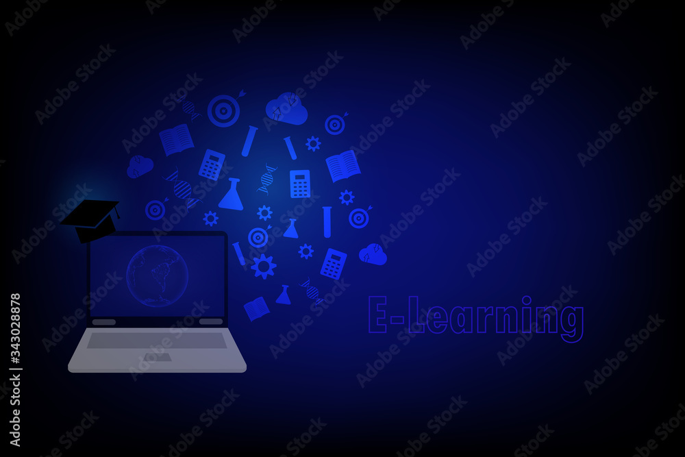 E-learning concept. Laptop with transparent earth and white education ...