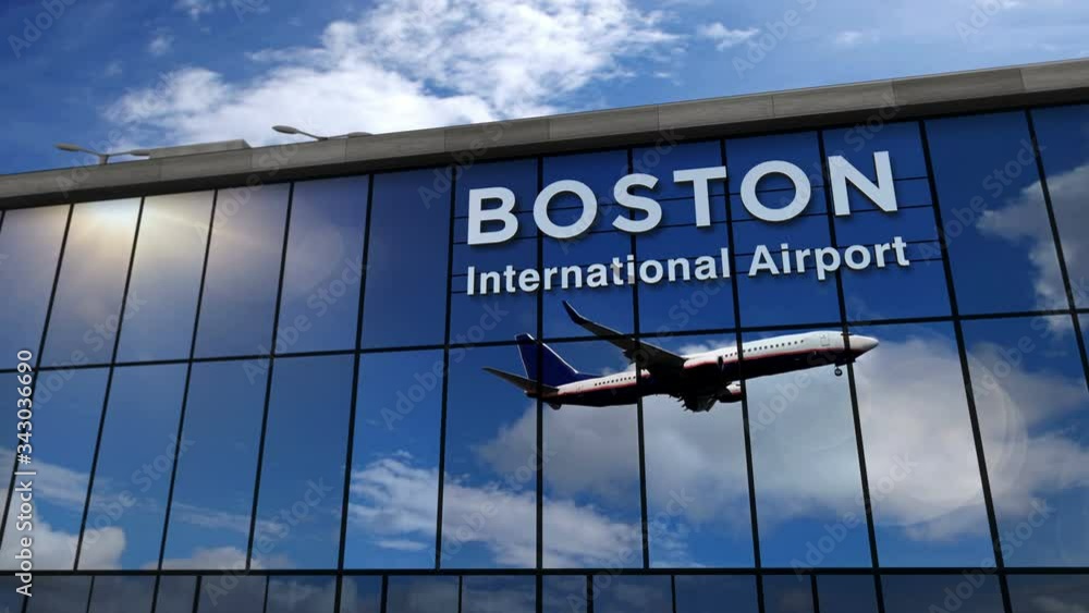 Jet aircraft landing at Boston, Massachusetts, USA 3D rendering ...
