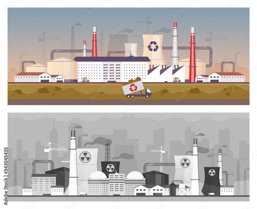 Vecteur Stock Recycling and power plant flat color vector illustrations ...