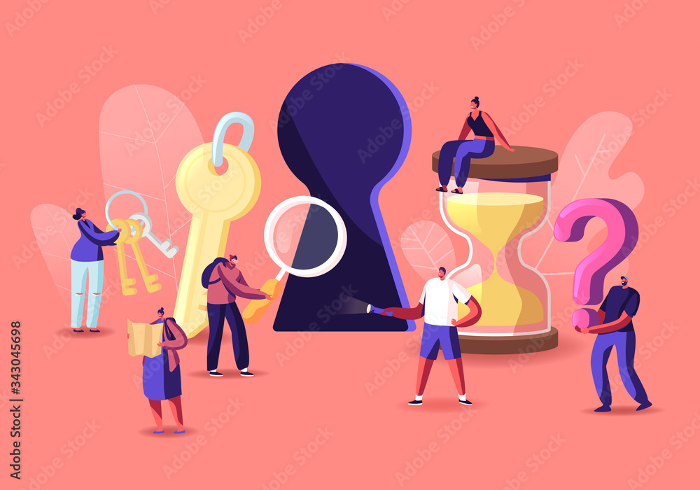 Poster Tiny Male and Female Characters Paying Quest Game Solving Puzzle ...