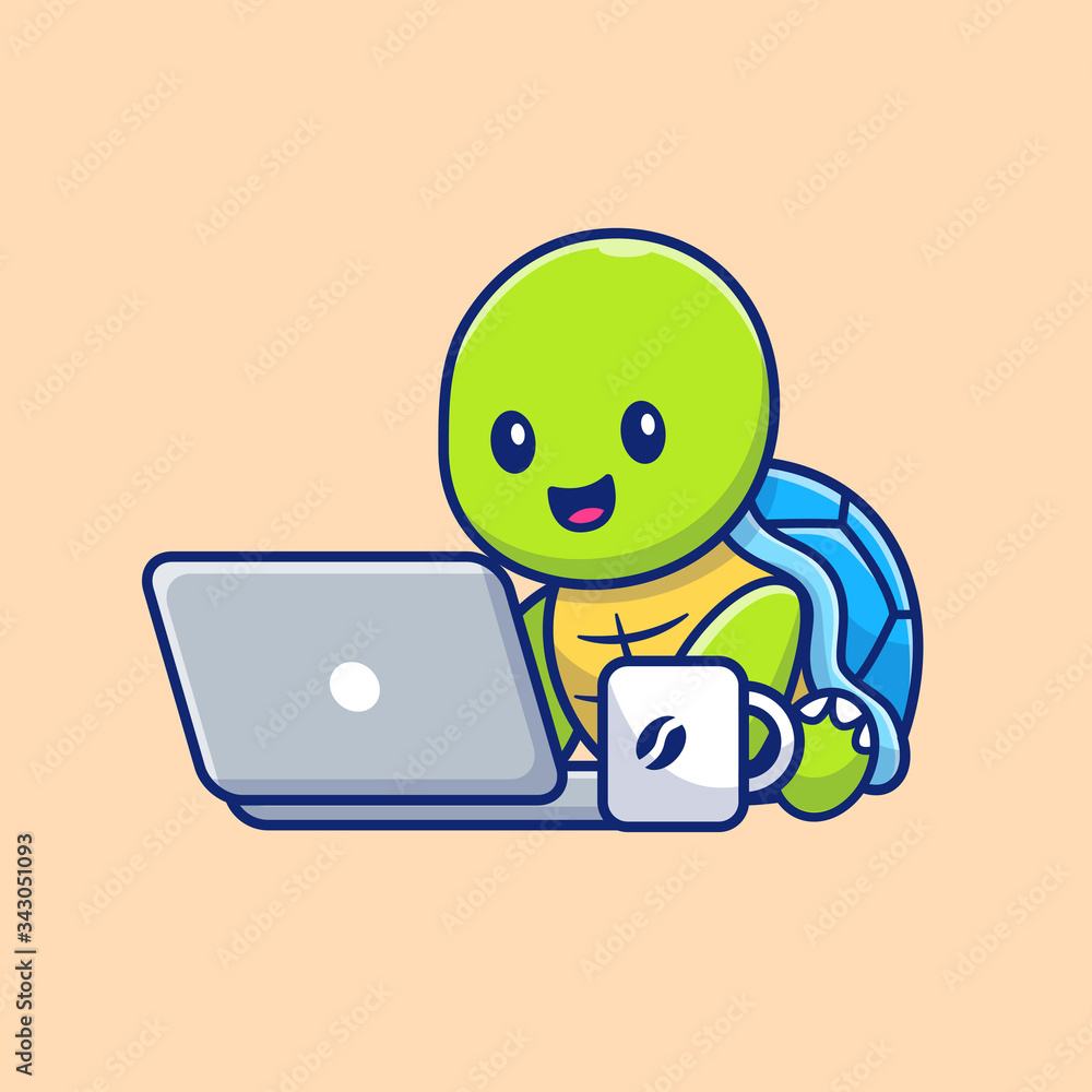 Cute Turtle Work On Laptop Vector Icon Illustration. Turtle Mascot ...