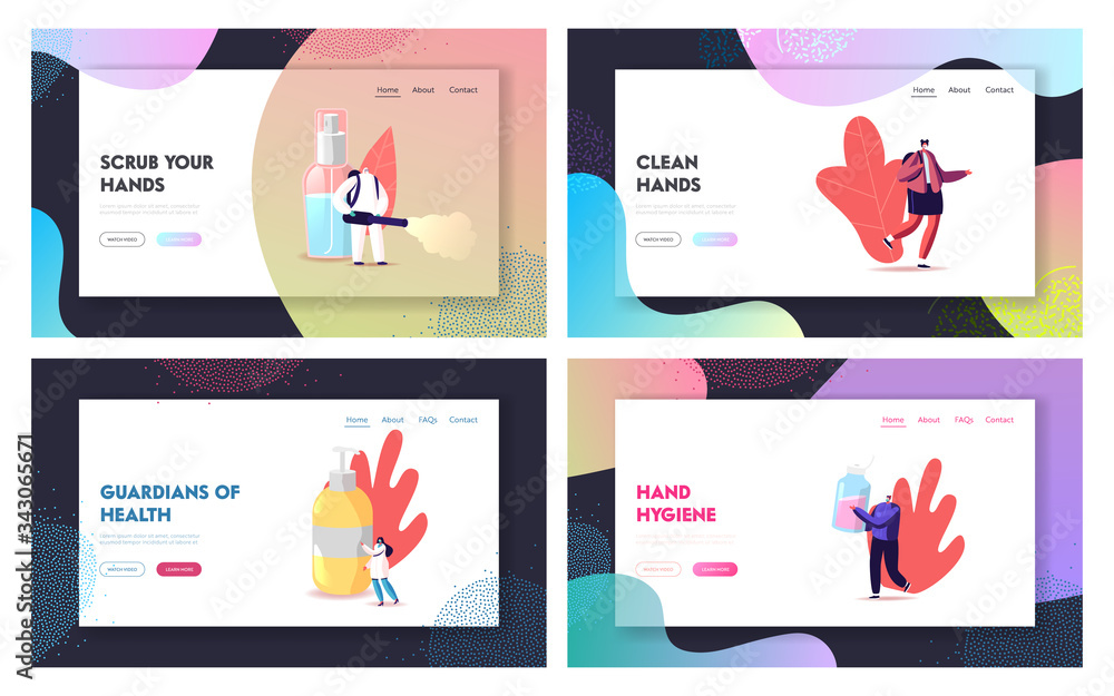 Tiny Characters Wash Hands with Antibacterial Soap Sanitizers Landing ...