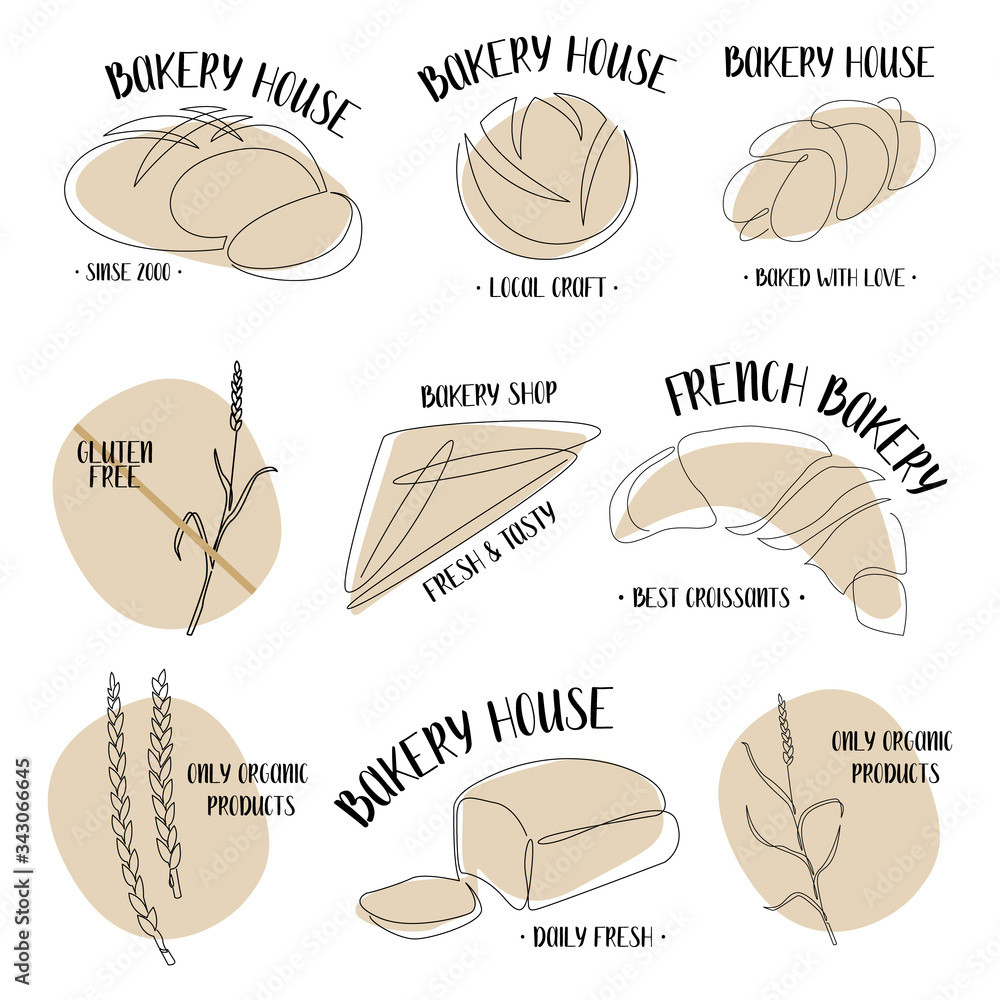 Set with continuous line breads. Vector line art. Perfect for bakery ...