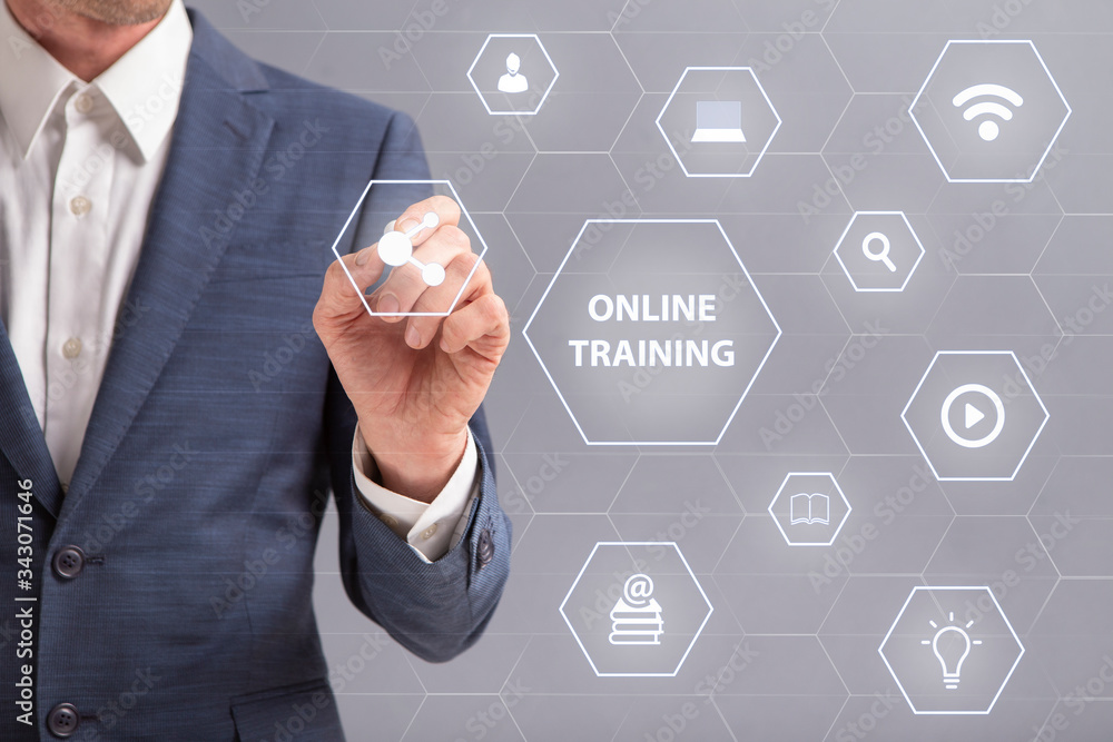 Collage with words ONLINE TRAINING, e learning pictograms and ...