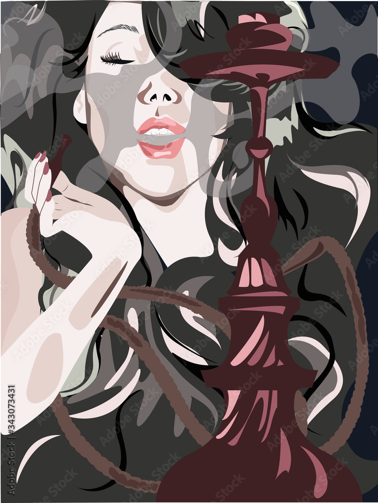 Beautiful woman smoking a hookah and smoke issues from the mouth ...