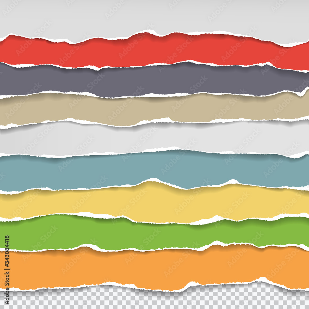 Pieces of torn, ripped horizontal colorful and white paper with soft ...