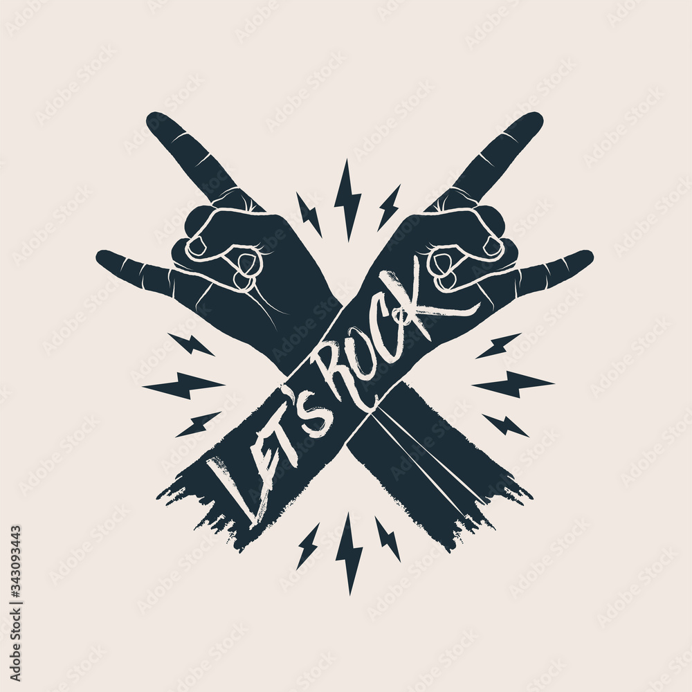 Two crossed rock hands gesture with let's rock caption. Rock music ...