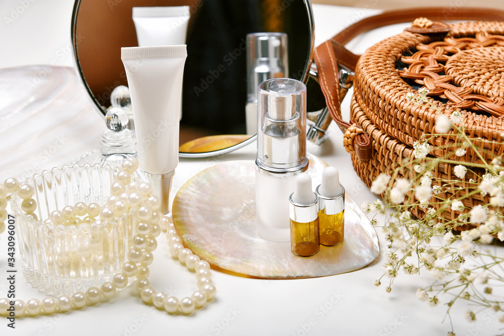 Dressing table with luxury cosmetic and skincare set, Cosmetic bottle ...