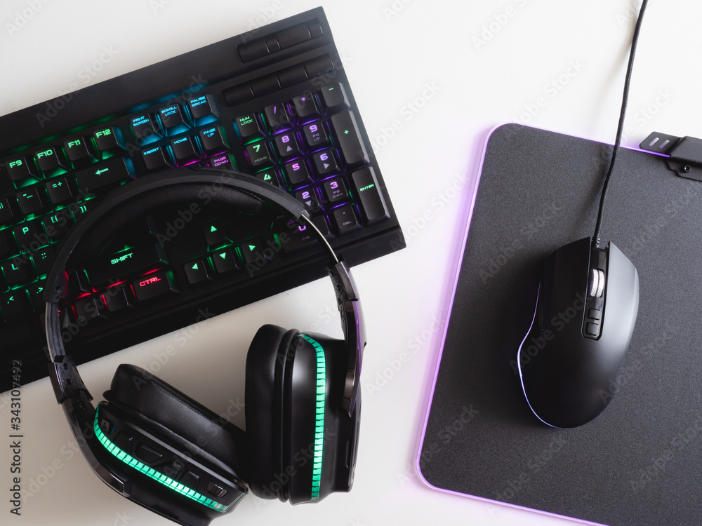 gamer work space concept, top view a gaming gear, mouse, keyboard ...