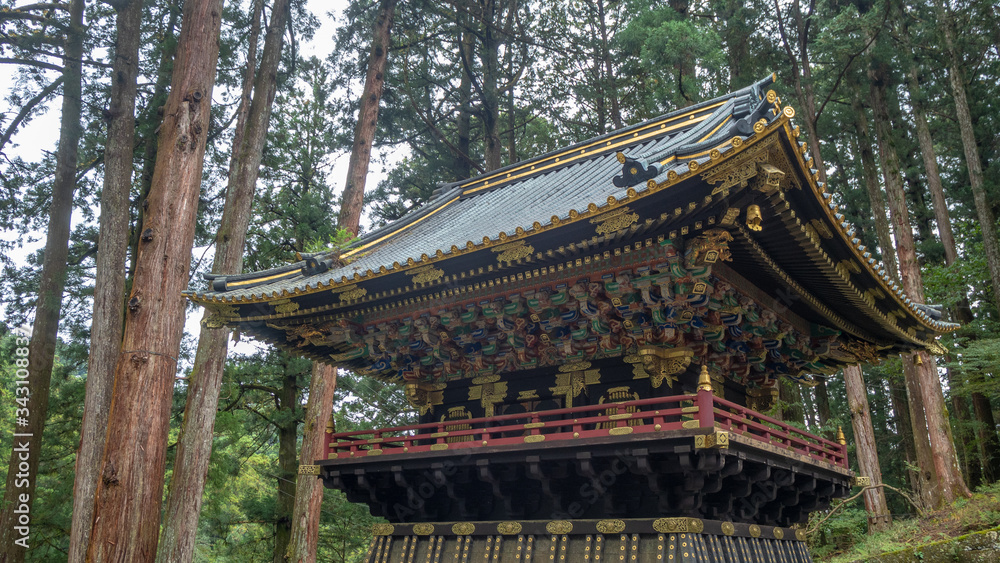 Beautiful colorful wooden hall in japanese temple among fresh green ...
