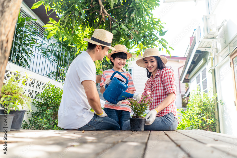 Asian lovely young family plant a tree in front of home together. Boy ...