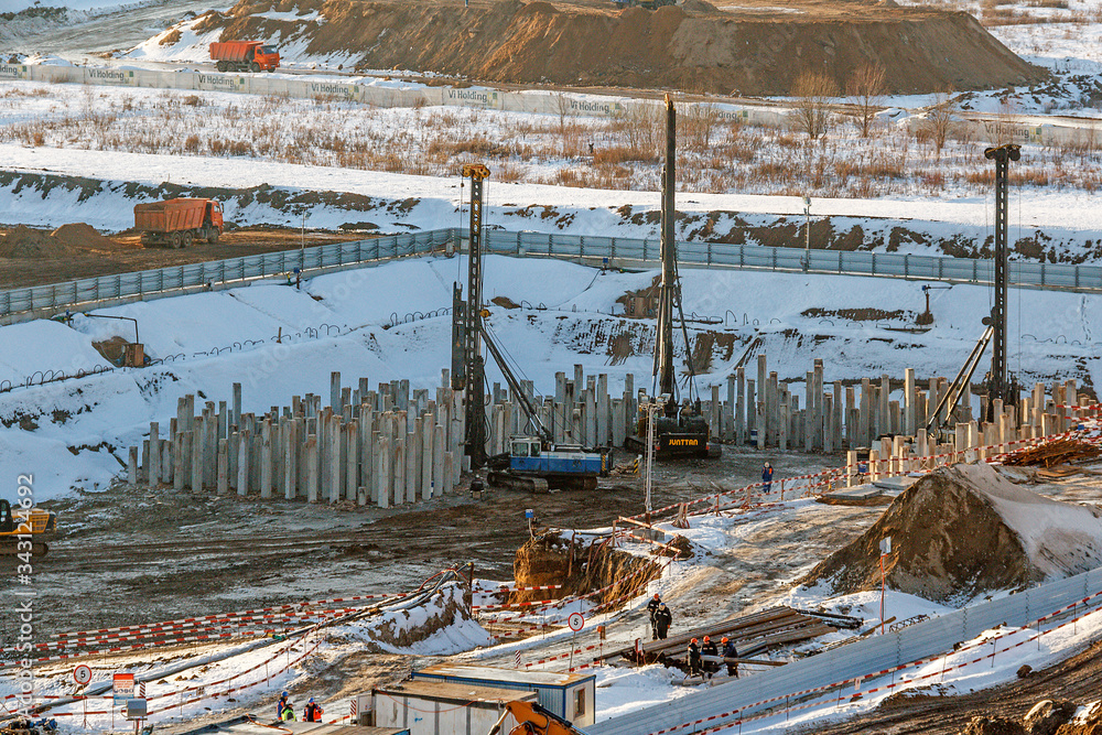 Pile driving in foundation pit construction apartment building. Piling ...