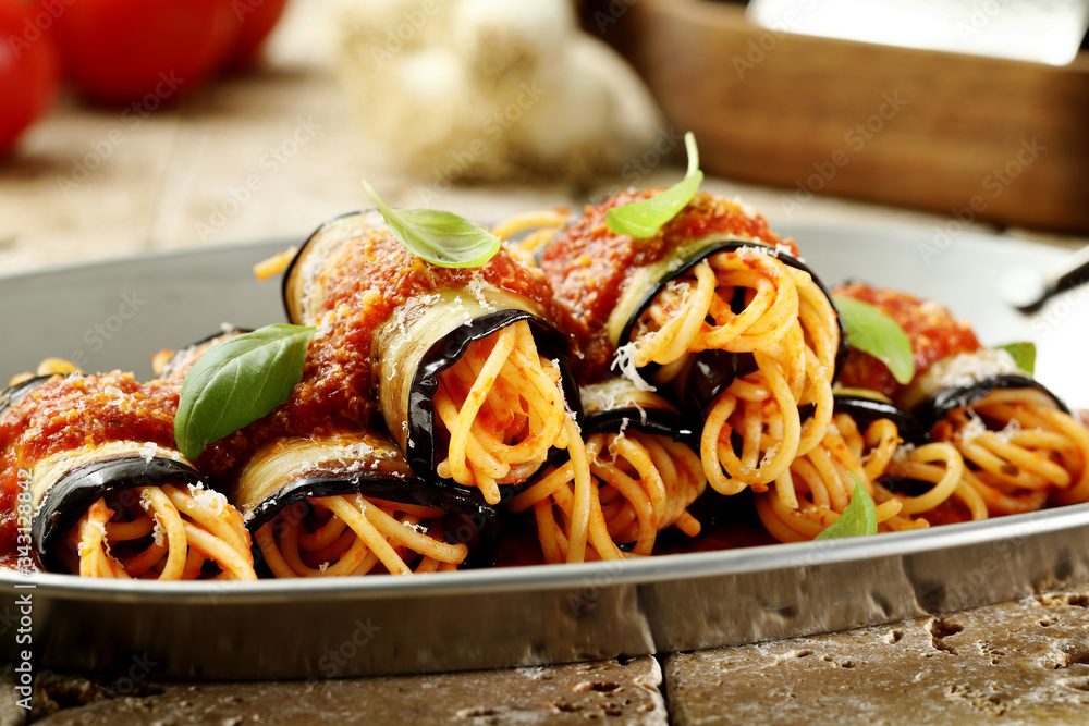 pasta involtini di melanzane con pasta al pomodoro Stock Photo | Adobe ...