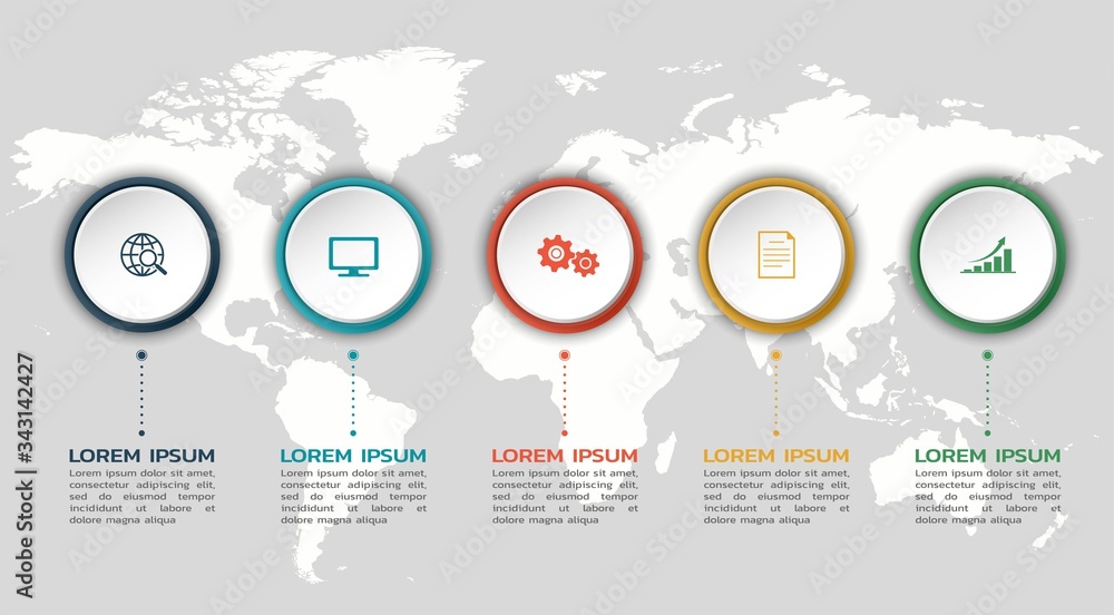 infographic flowchart with five options and world map. workflow ...