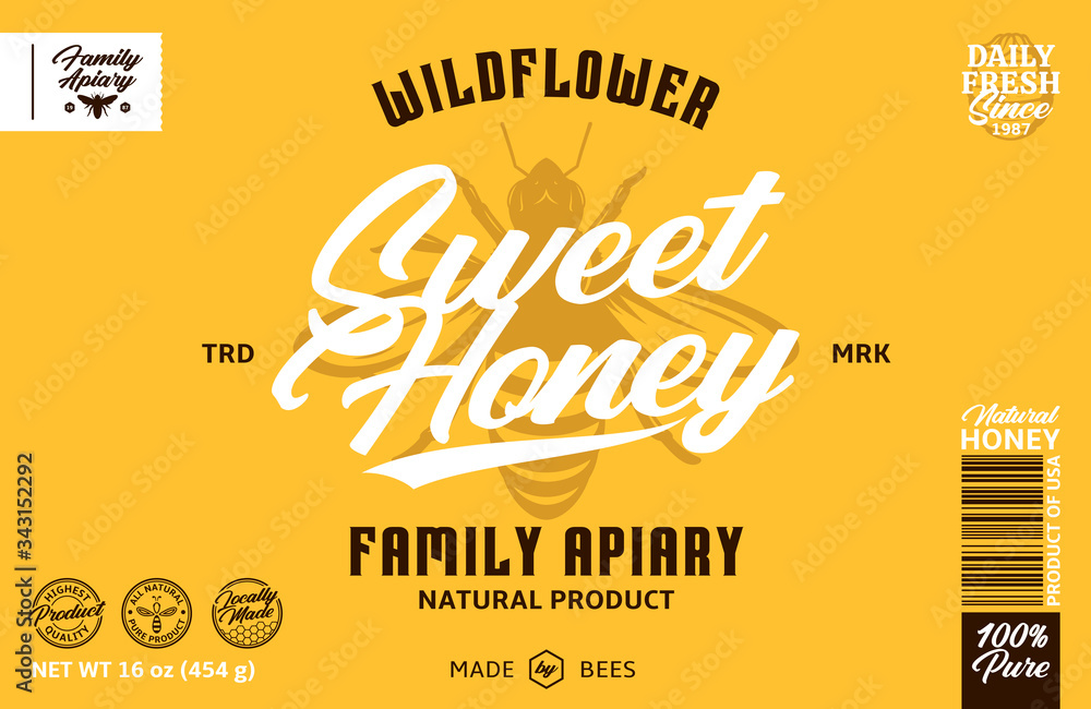 Wildflower sweet honey label in yellow, white and brown colors. Honey ...