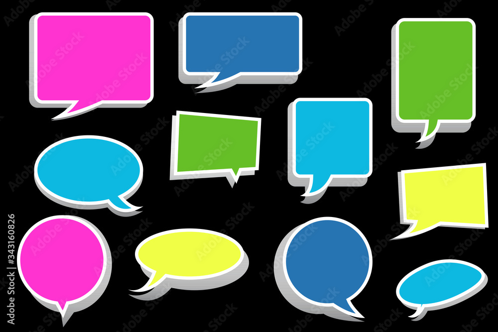 Volumetric chat icons of different shapes and colors on a black ...