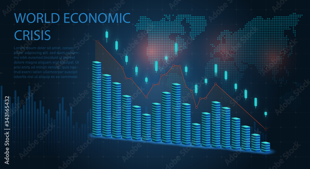 World Economic Crisis with stacked coins mirroring the data on an ...