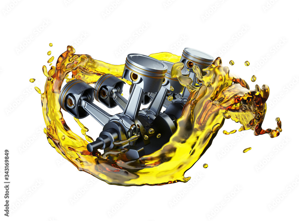 3D illustration of parts in car engine with lubricant oil on repairing ...