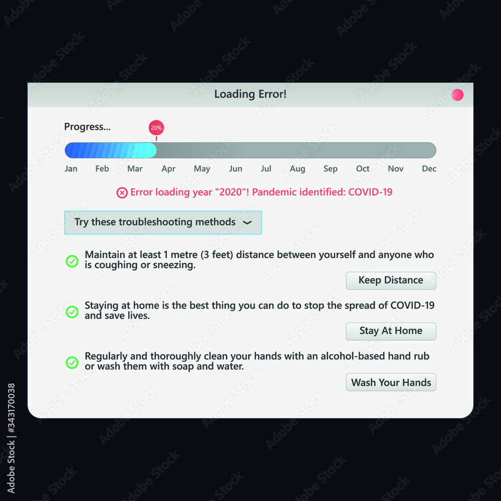 Dialogue box with 2020 year progress bar. An error appears with message ...