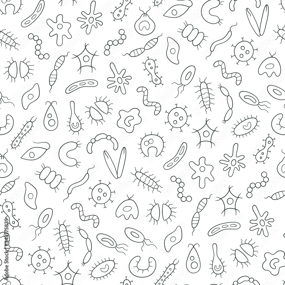Abstract seamless pattern of germs, virus and bacteria on white ...