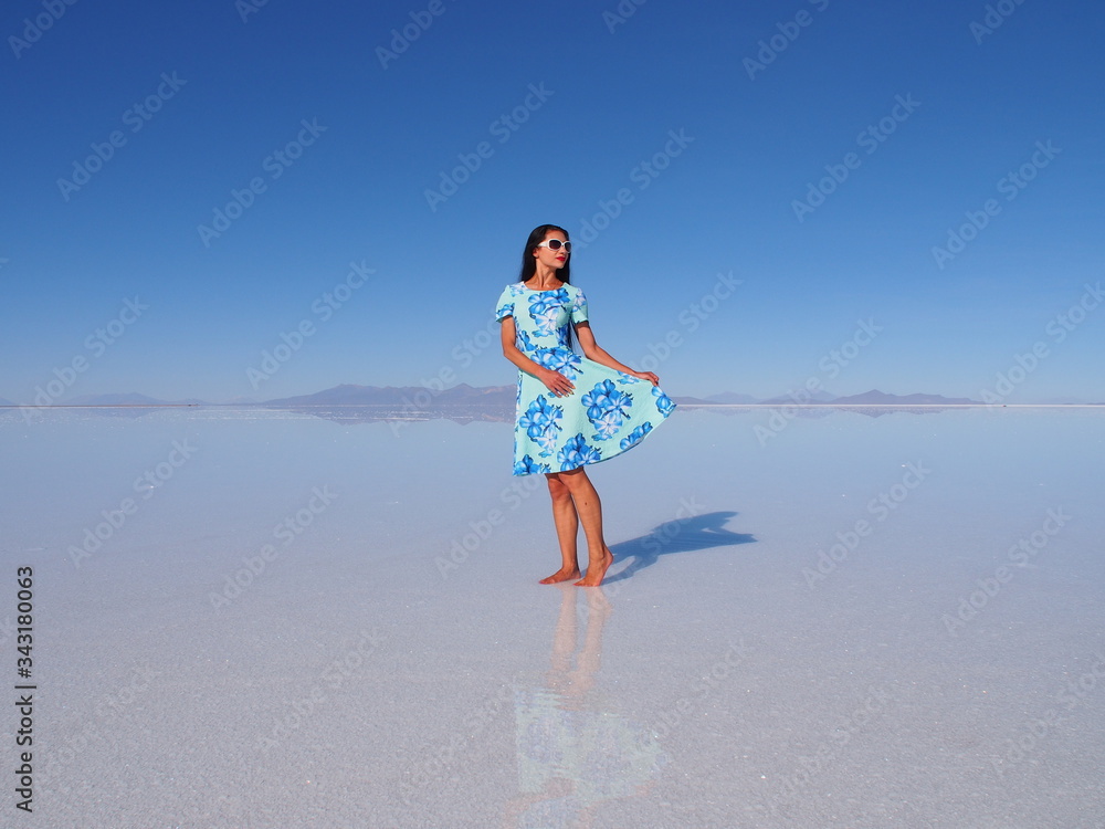 Girl model with long black hair in the blue dress, Uyuni Salt Flat ...