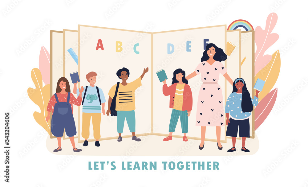 Lets Learn Together concept with diverse kids and teacher standing ...