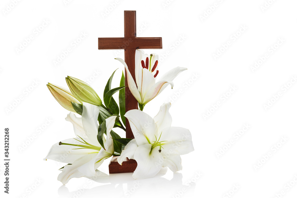 Cross with lilies isolated on white background for decorative design ...