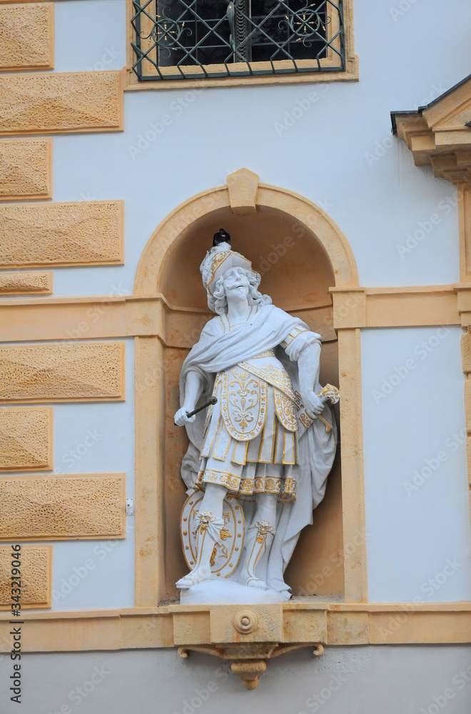 Beautiful marble statue of Mars in the wall niche on the street, Graz ...