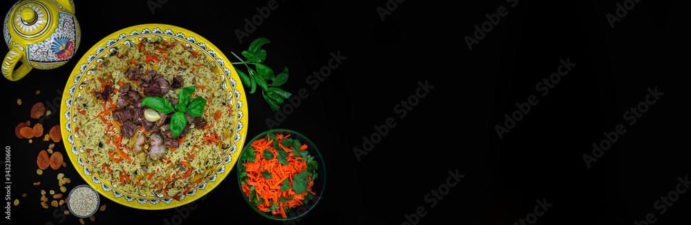 Samarkand pilaf with wegetables. on the black space background Stock ...