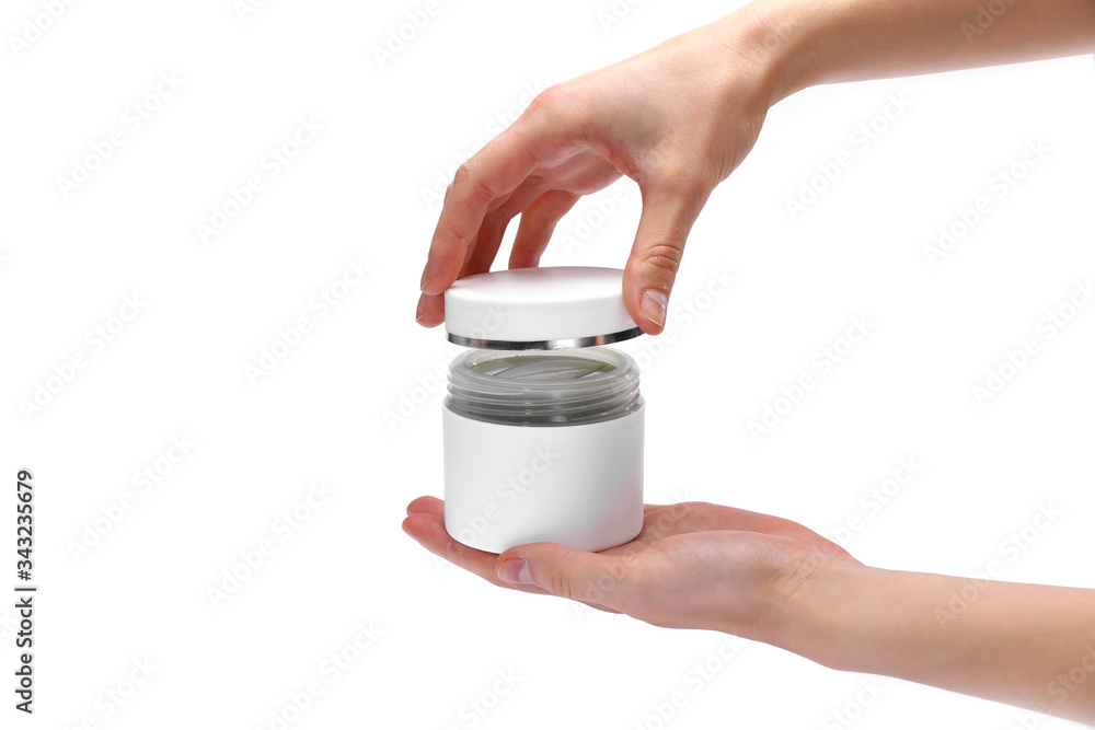 Woman's hands, girl holding an open jar of cream, close up, white ...