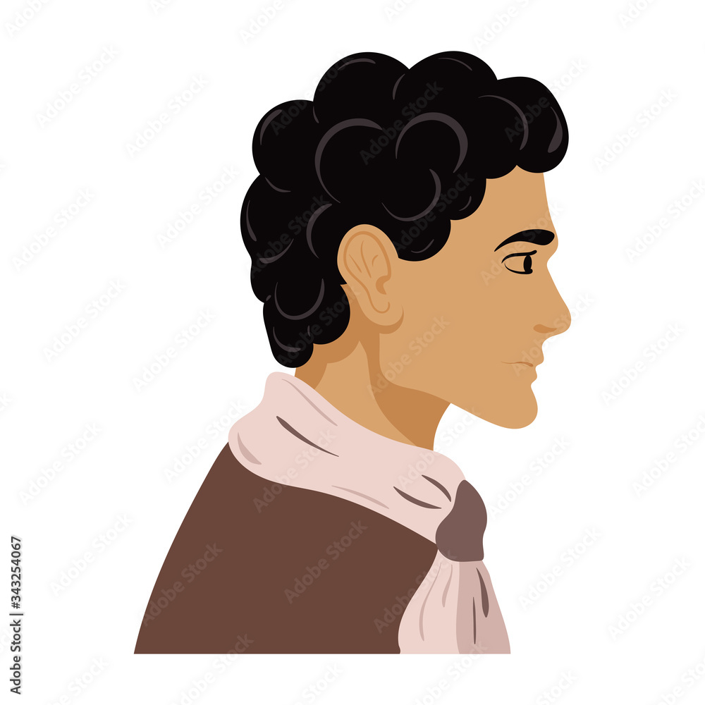 Arab man side view in profile. A man with black curly hair stands ...