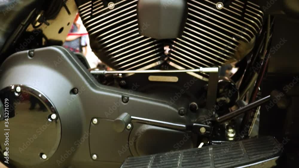 Exhibition of motorcycles, V shaped motorcycle engine closeup Stock ビデオ ...