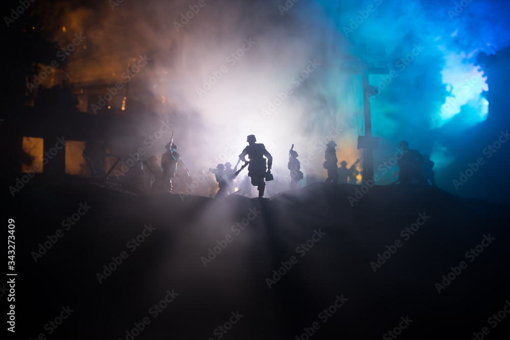 War Concept. Military silhouettes fighting scene on war fog sky ...