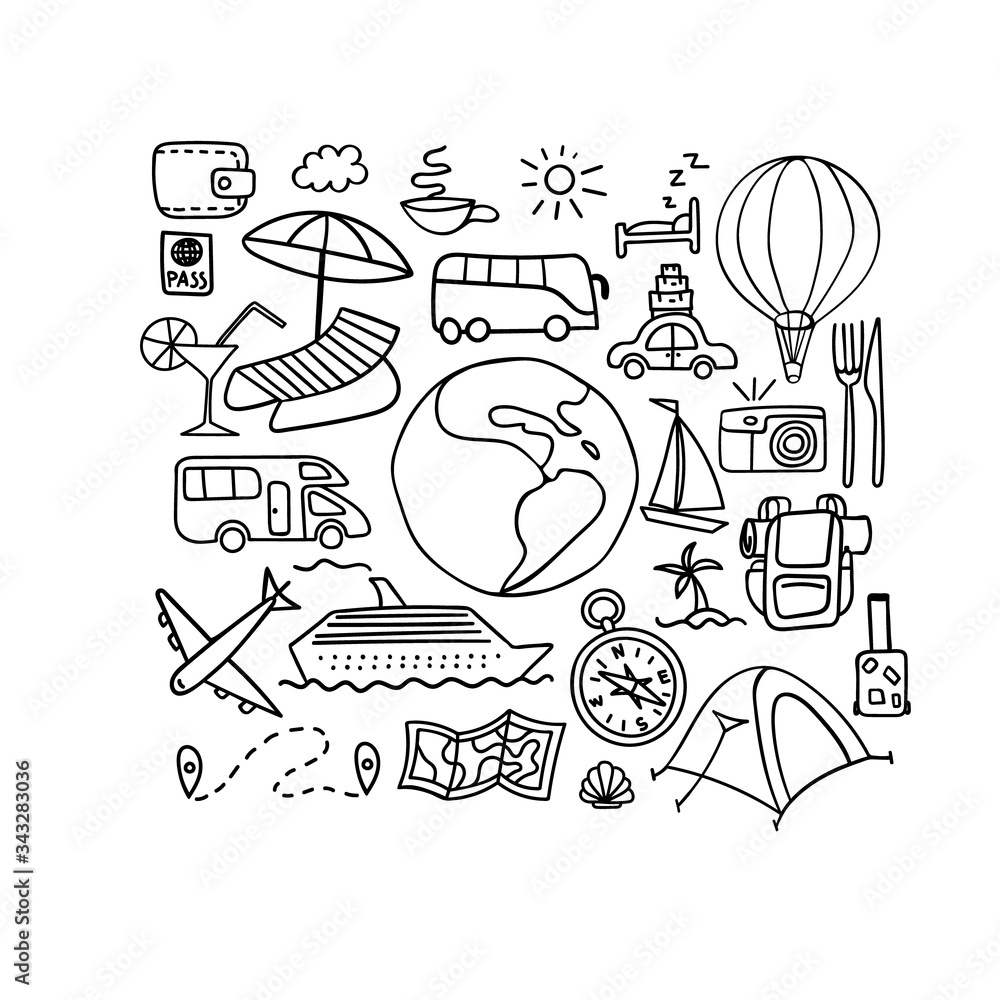 Travel and vacation hand drawn icons. Summer tourism doodles. Outline ...