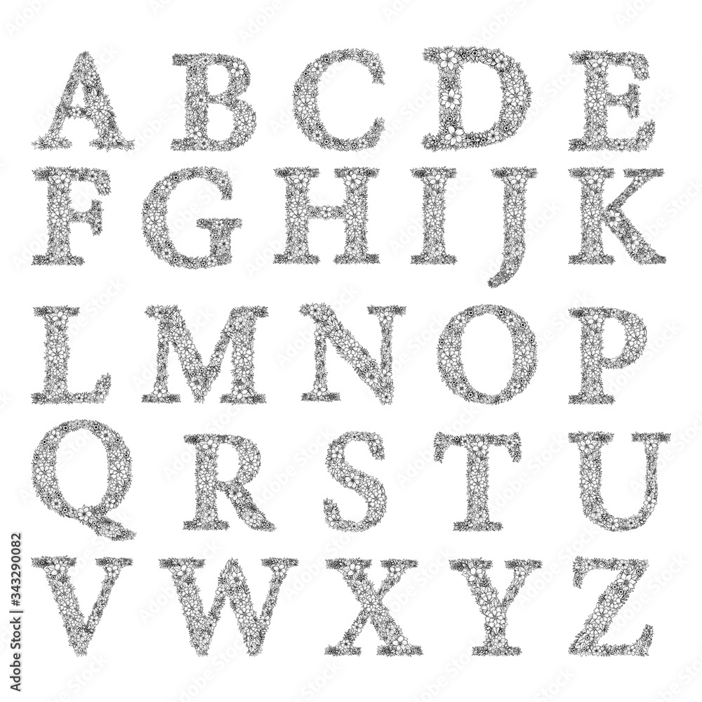 Handmade decorative font. Capital Latin letters with outline floral ...