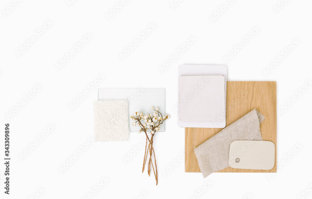 Interior design swatches and samples in neutral color story / tile ...