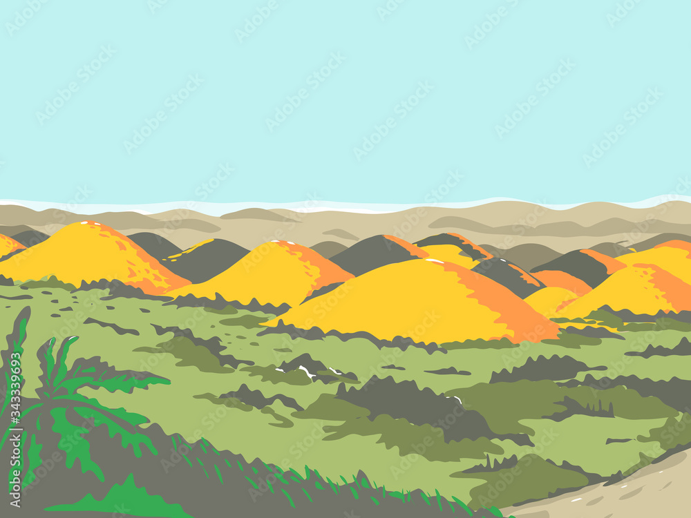 Retro WPA illustration of the Chocolate Hills, a geological formation ...