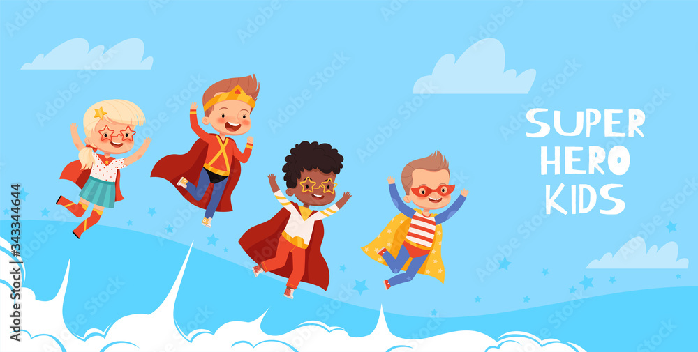 Cute funny kids superheroes fly to the sky with clouds. The concept of ...