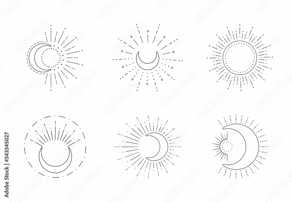 Vector sun and moon line design. Outline suns symbols, moon element ...