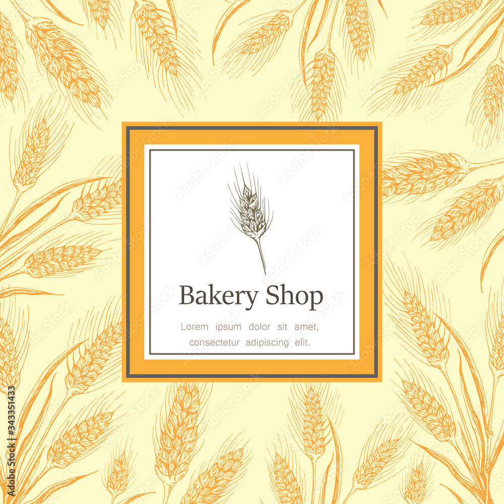 Bakery, pastry shop label, logo, flyer template with wheat ears frame ...