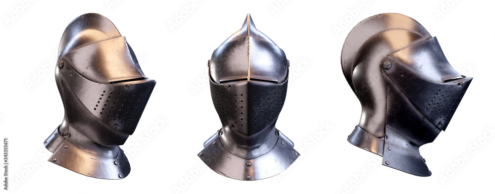 Set of Classic Medieval Knight Armet Helmet with visor. All side view ...