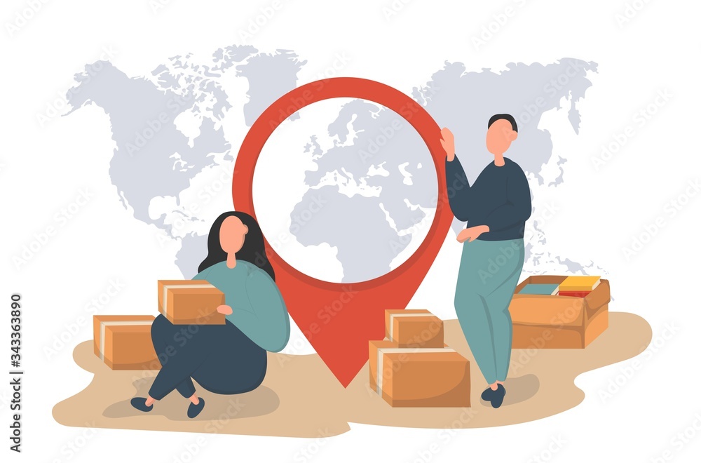 People relocating to new apartment flat vector illustration. Man and ...