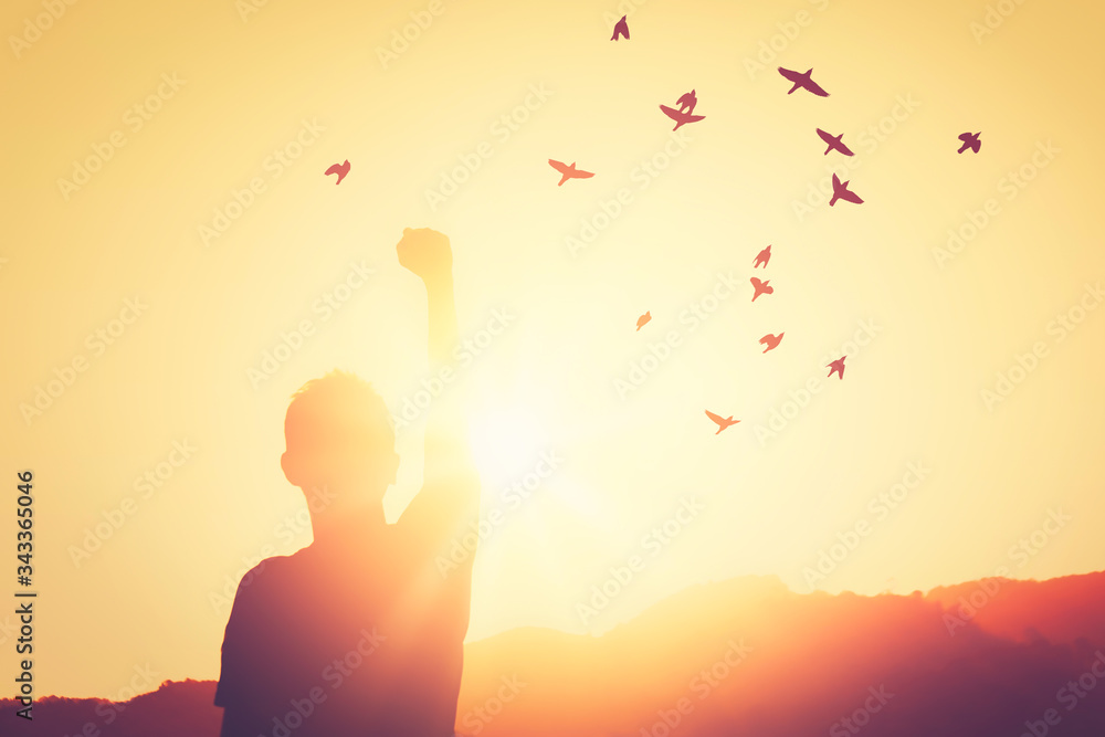 Freedom feel good and travel adventure concept. Copy space of ...