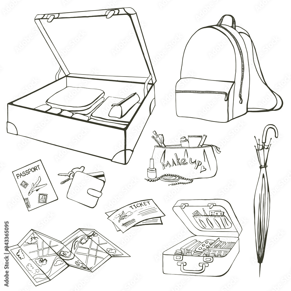 Hand-drawn vector travel outline set: suitcase, backpack, umbrella ...