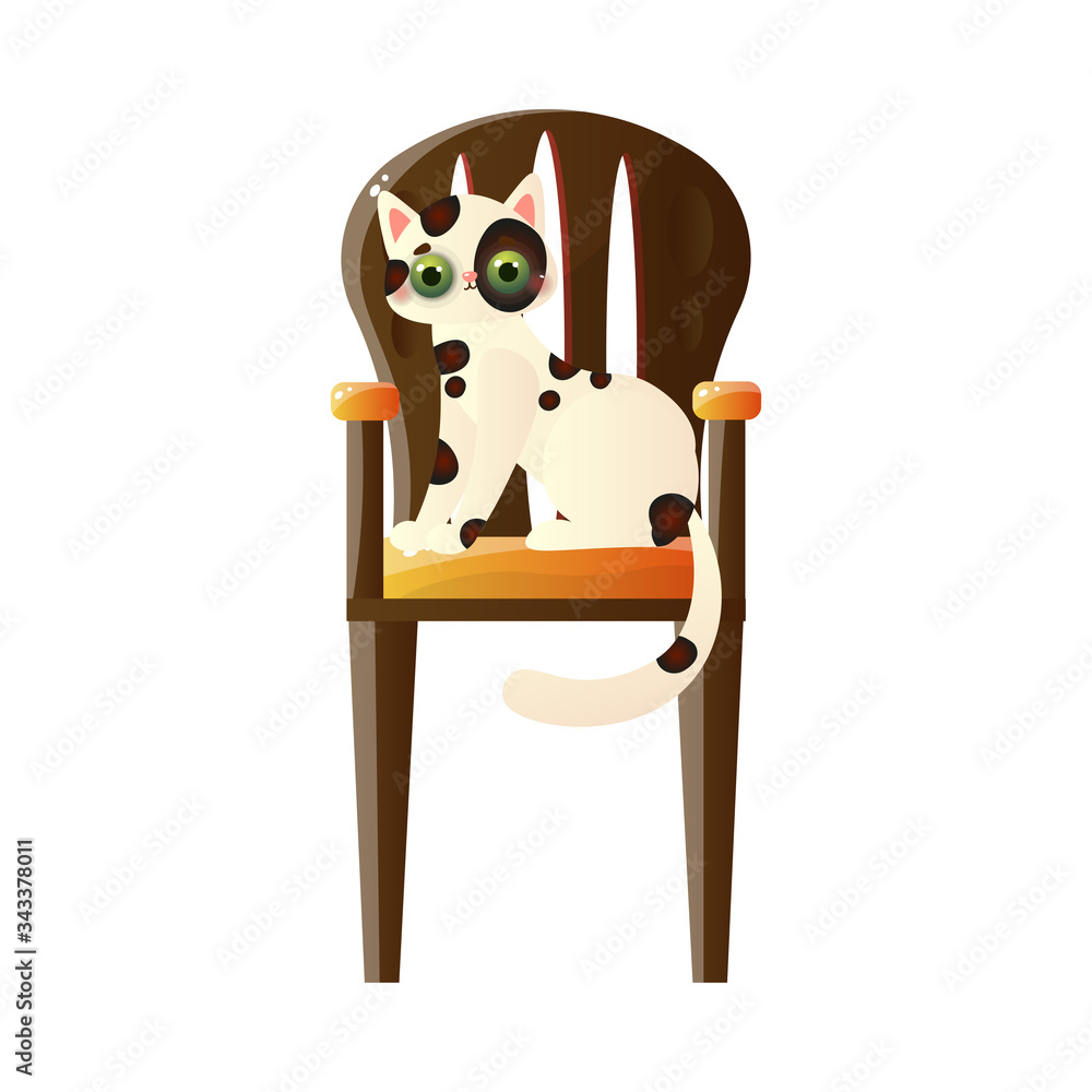 Cute domestic colorful cat character sitting on the tall wooden chair ...