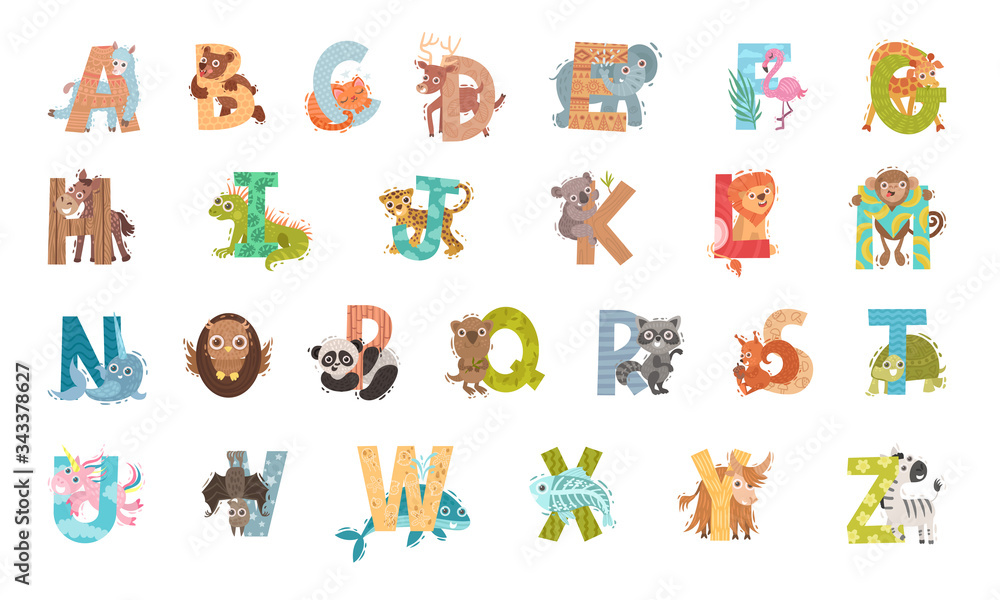 Animal Alphabet with Ornamental Letters and Zoo Creatures Vector Set ...