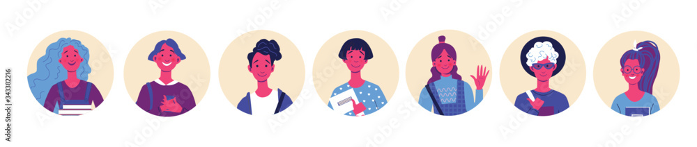 Students avatars collection, character set, portraits of teenagers ...